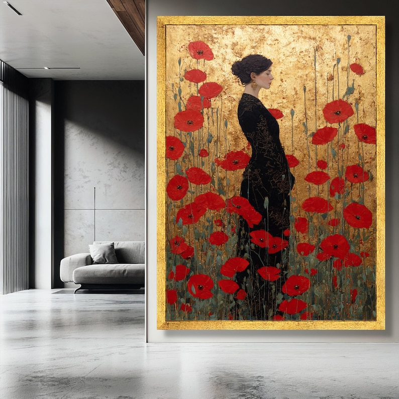 Gustav Klimt Woman in Red Poppies, Gold Background Canvas Wall Art ...