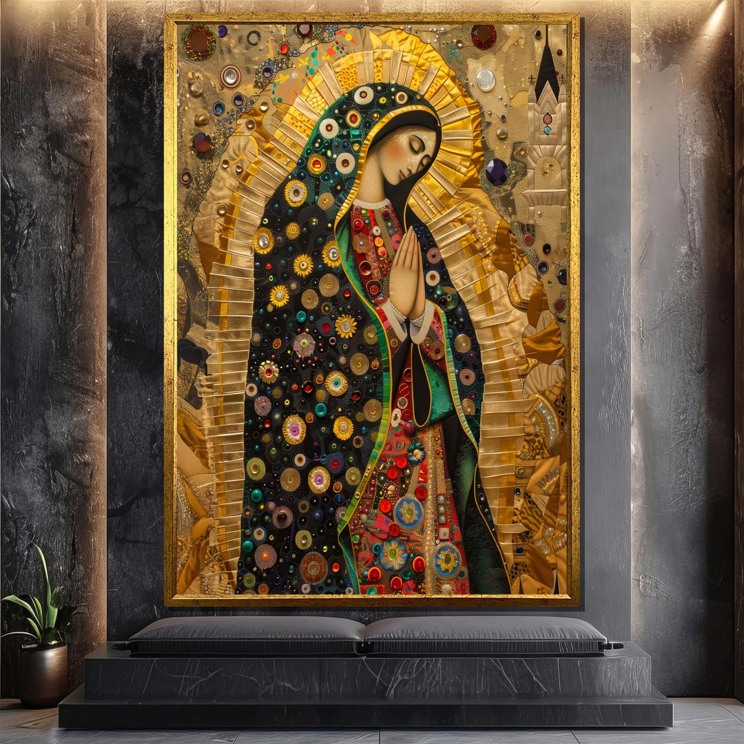 Colorful Virgin Mary Canvas Painting With Gold Details and Beaded ...