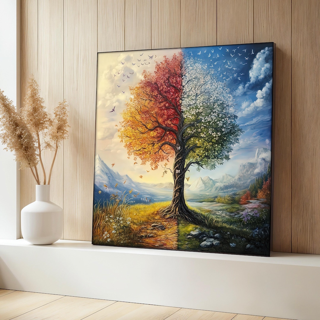 Four Seasons Tree Canvas Painting, Colorful Nature Wall Art, Landscape ...