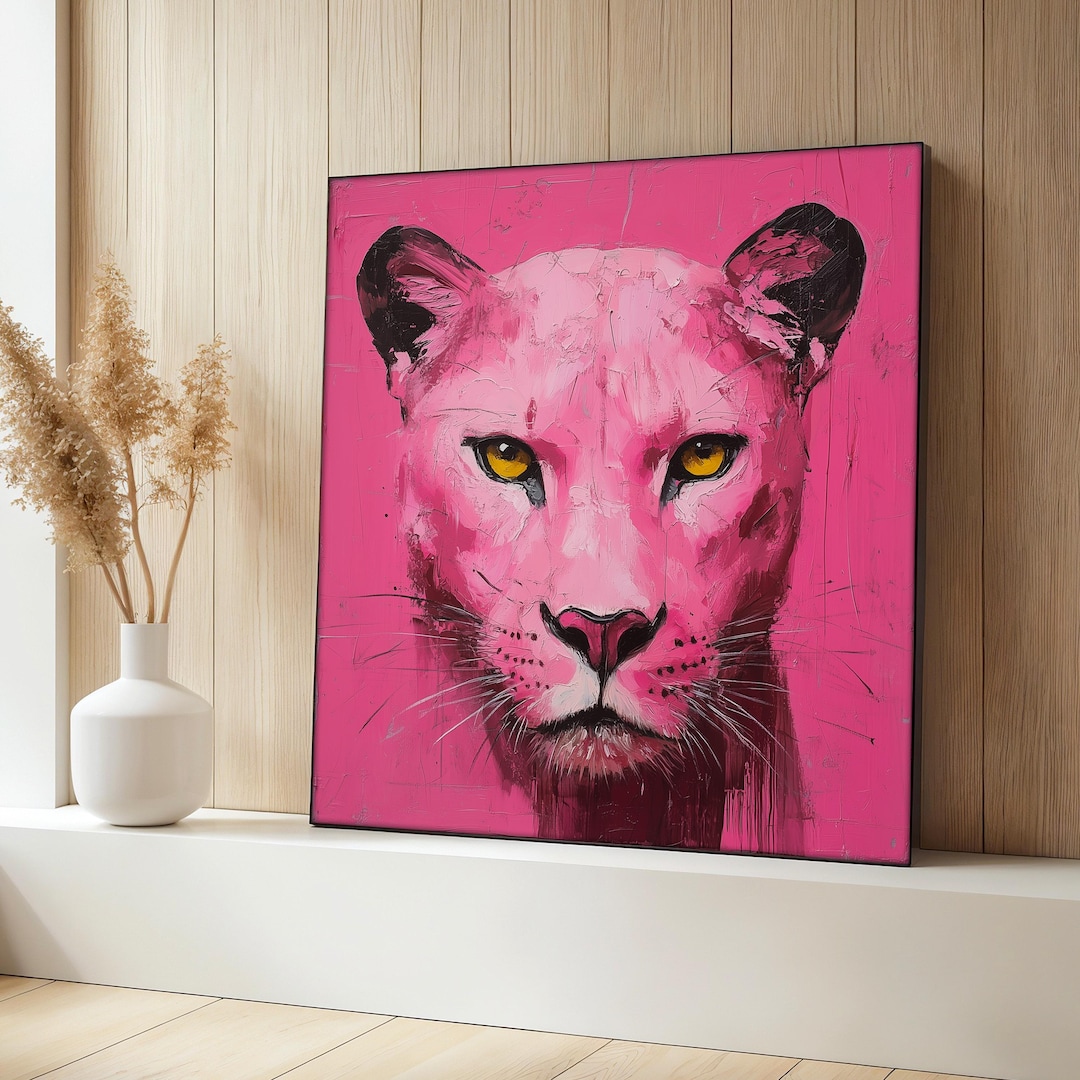 Pink Panther Canvas Painting, Bold Animal Wall Art, Modern Jungle Cat ...