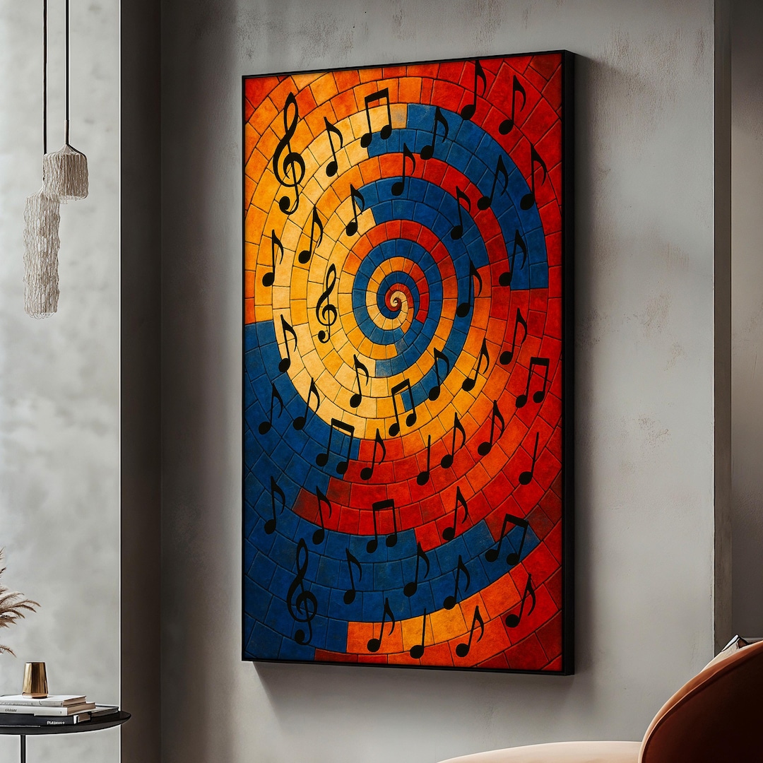Colorful Music Notes Canvas Painting, Spiral Abstract Wall Art With Red ...