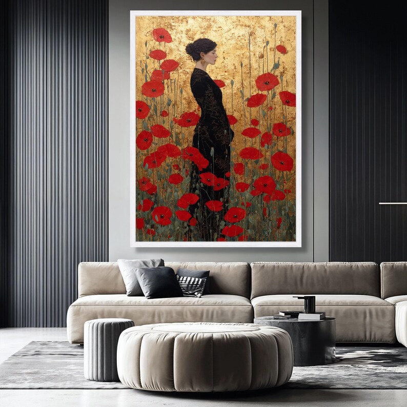 Gustav Klimt Woman in Red Poppies, Gold Background Canvas Wall Art ...