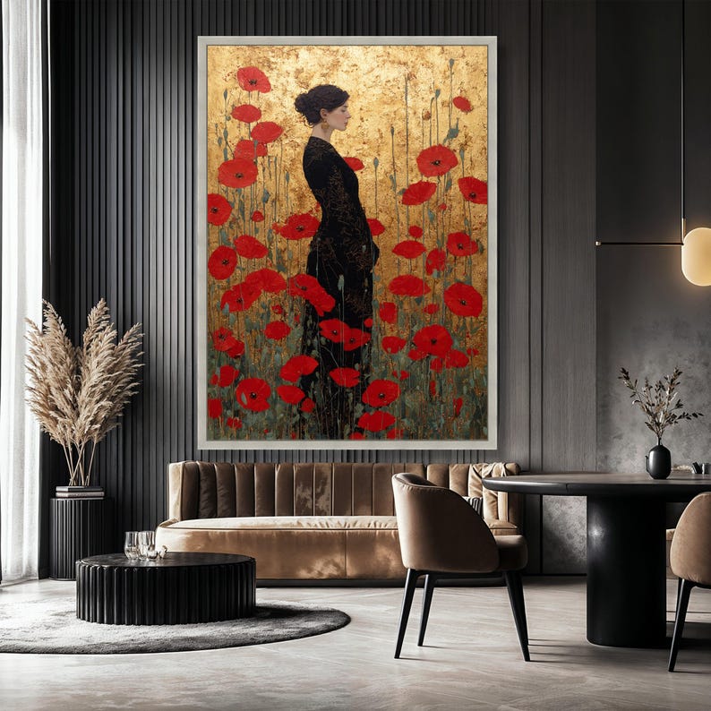 Gustav Klimt Woman in Red Poppies, Gold Background Canvas Wall Art ...