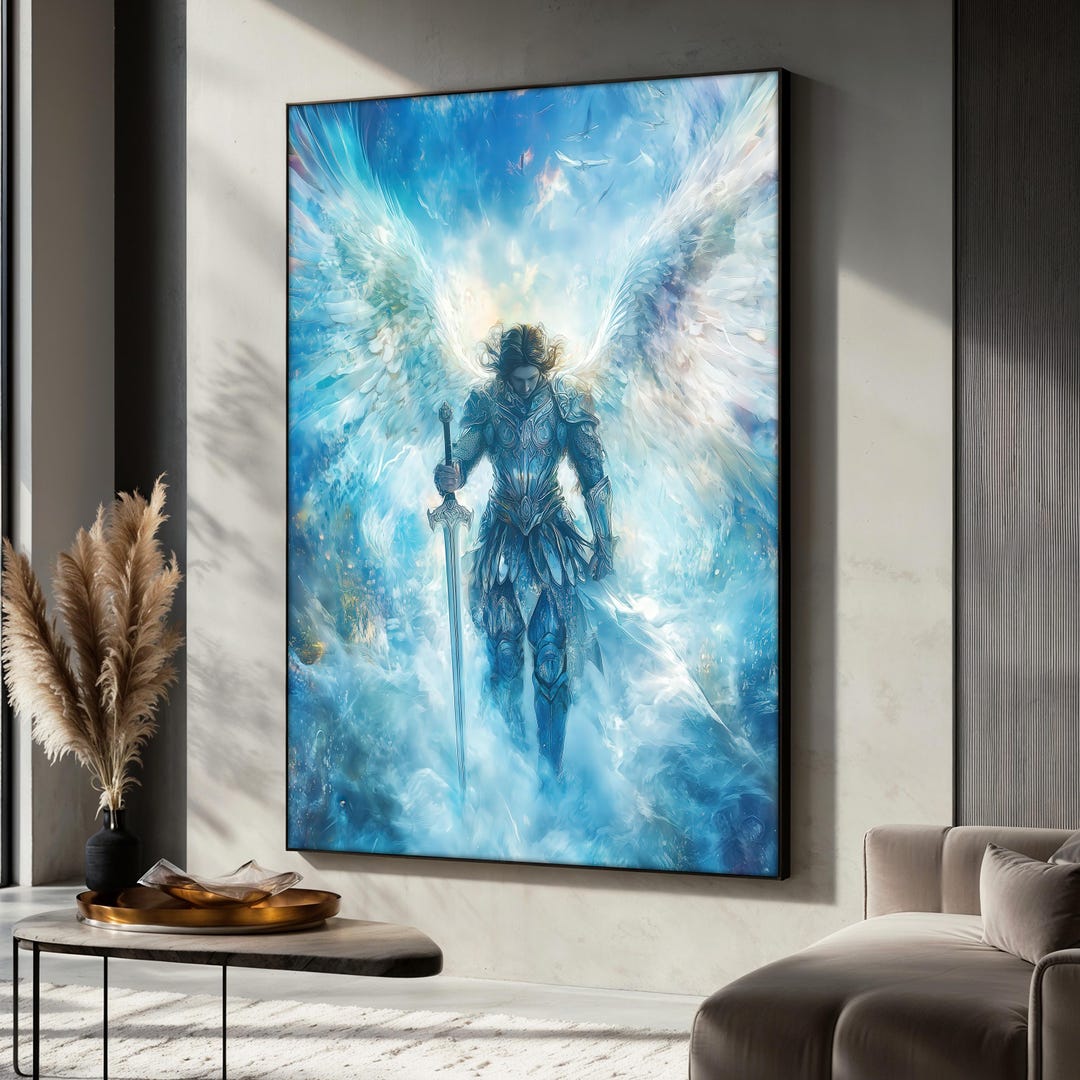 Heavenly Archangel Canvas Painting, Glowing Angel With Sword Wall Art ...