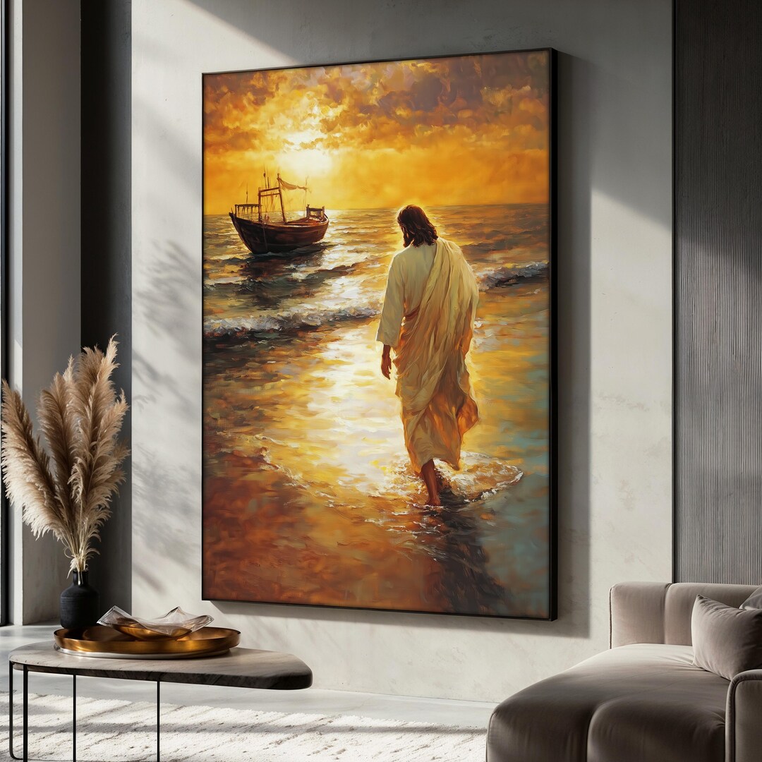 Jesus Walking by the Sea Canvas Painting, Living Room Decor, Jesus Art ...