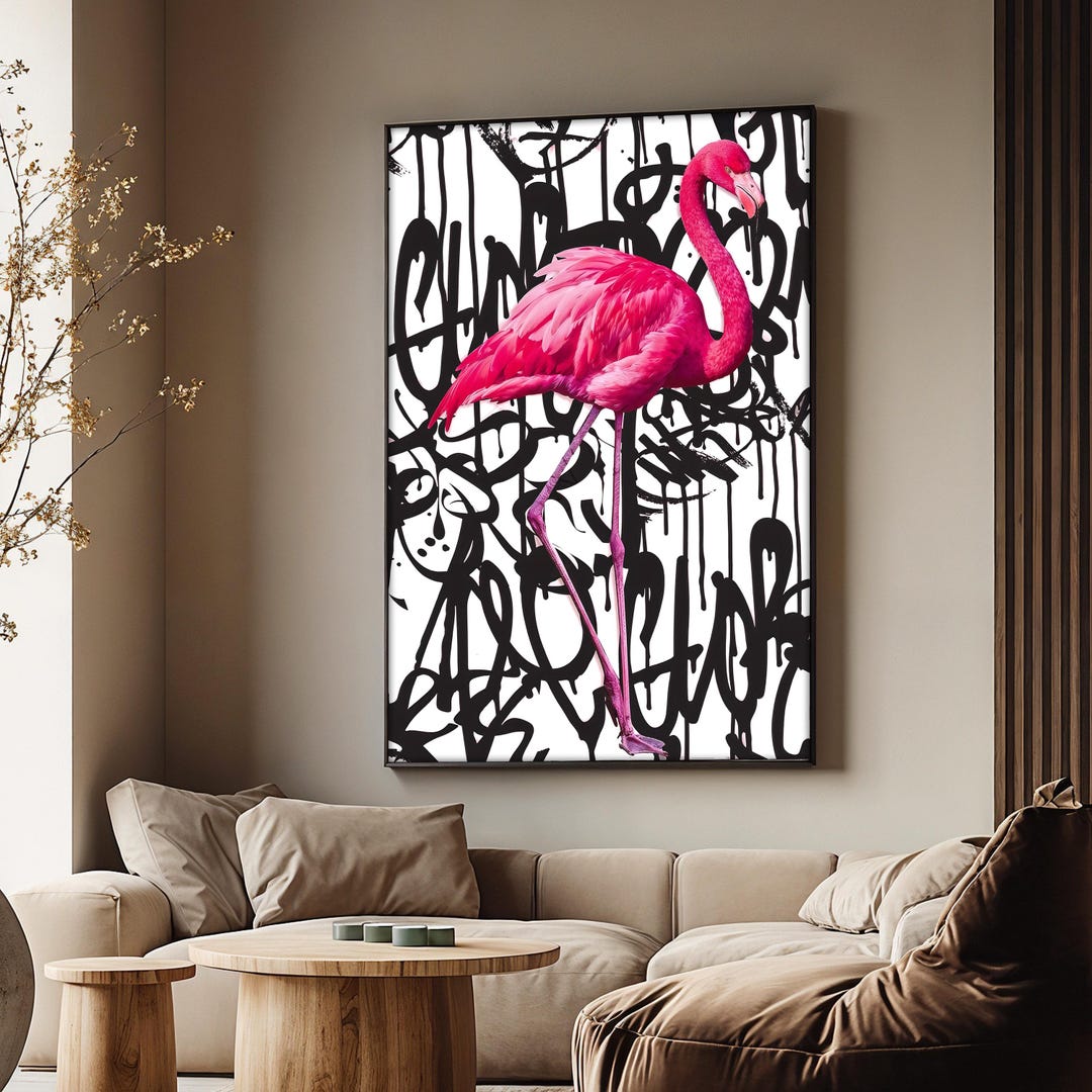 Pink Flamingo Canvas Painting, Graffiti Style Wall Art, Urban Animal ...