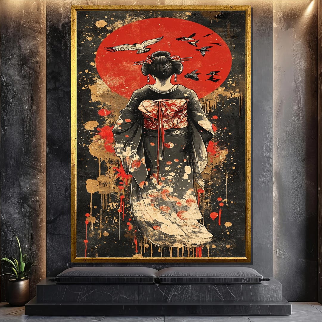 Japanese Geisha Canvas Painting With Red Sun and Birds, Traditional ...