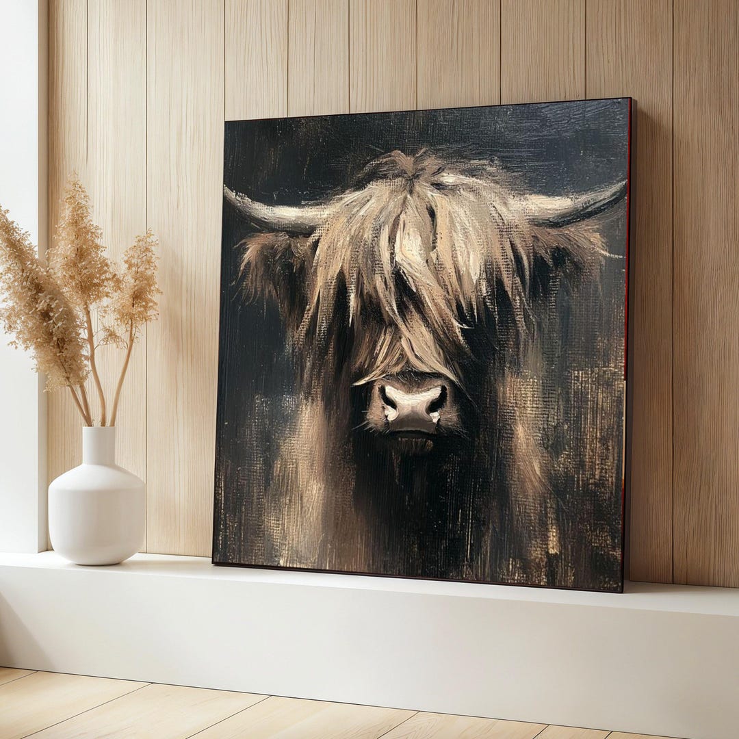 Highland Cow Canvas Painting, Rustic Farmhouse Wall Art, Brown Animal ...