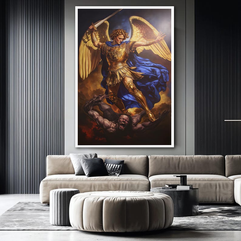 Archangel Michael Canvas Painting, Angel Defeating Demon Wall Art ...