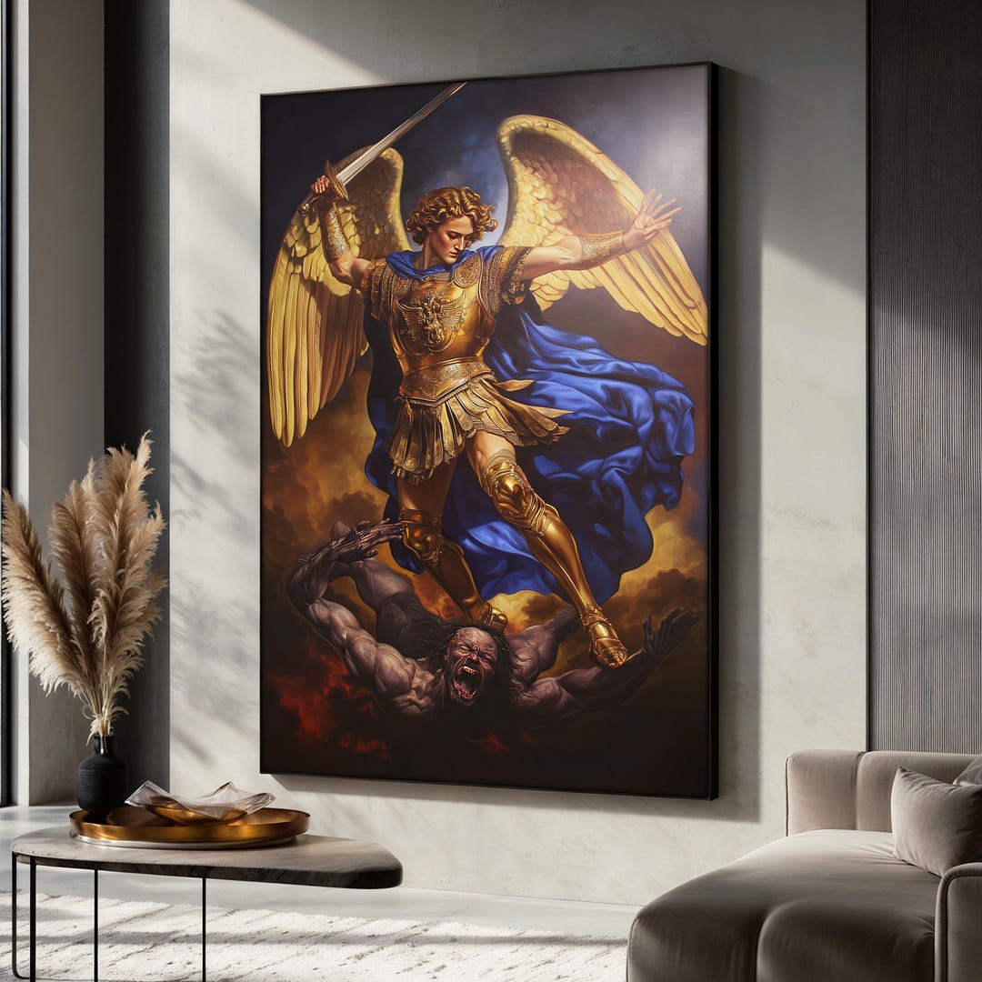 Archangel Michael Canvas Painting, Angel Defeating Demon Wall Art ...
