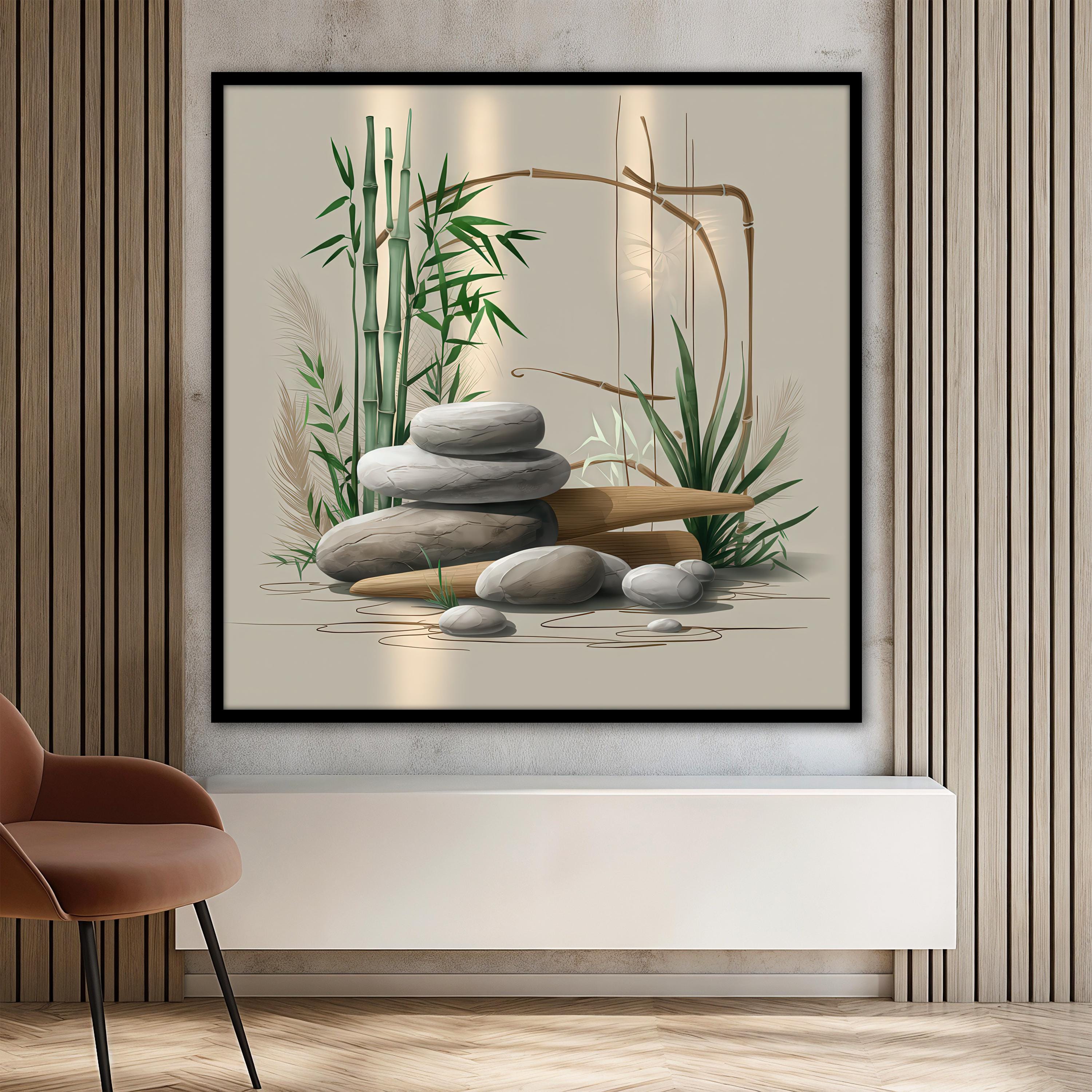 Zen Bamboo Canvas Painting, Japanese Spa Wall Art, Minimalist Stone ...