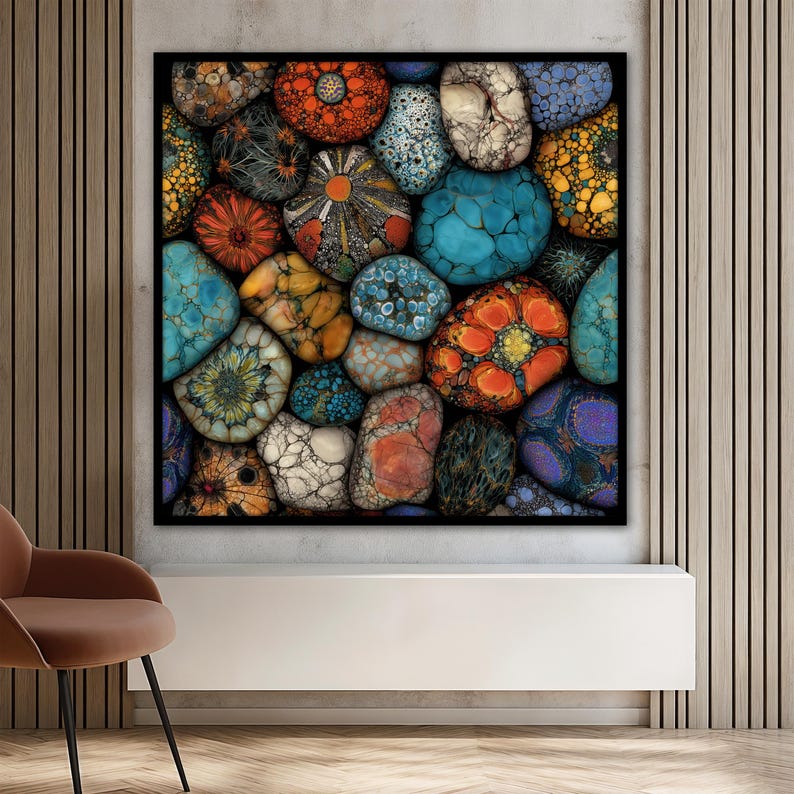 Colorful Stones Canvas Painting, Abstract Pebble Wall Art, Smooth Rock ...