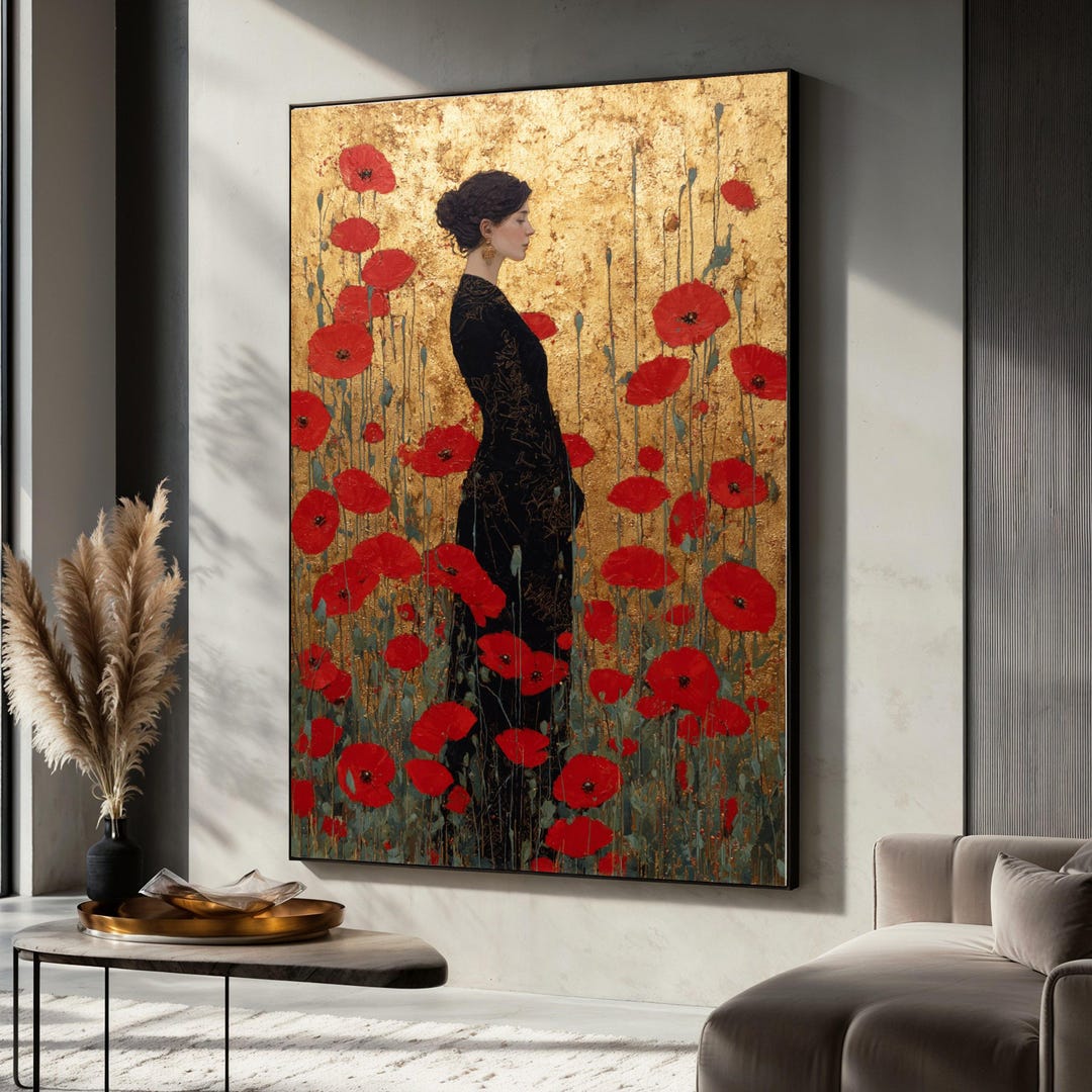 Gustav Klimt Woman in Red Poppies, Gold Background Canvas Wall Art ...
