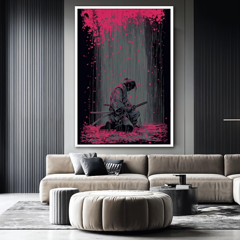 Samurai Canvas Painting, Japanese Warrior Wall Art With Cherry Blossom Rain, Emotional Bushido ...