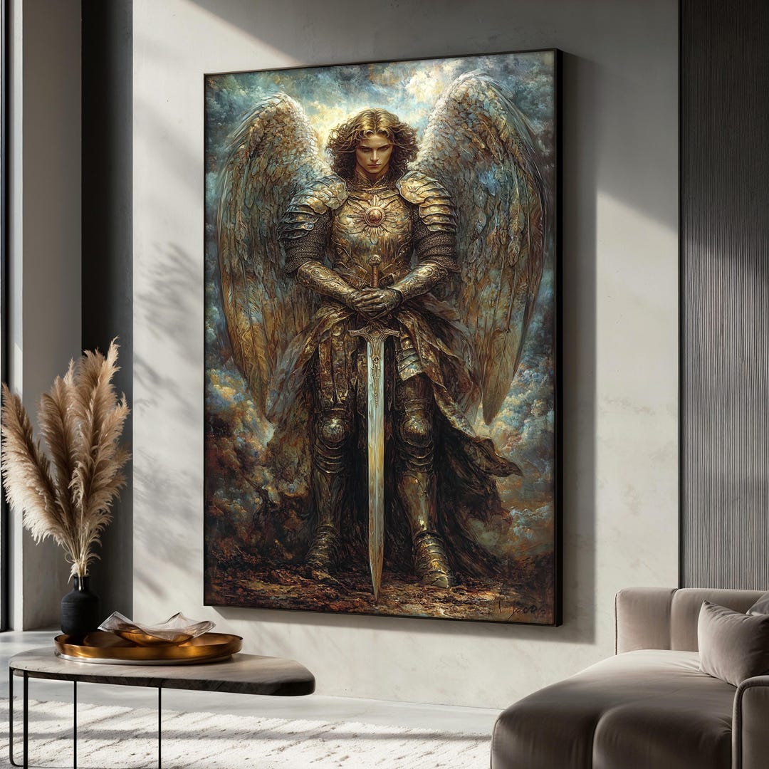 Golden Archangel Canvas Art Decor, Angel Warrior Wall Art, Christian ...