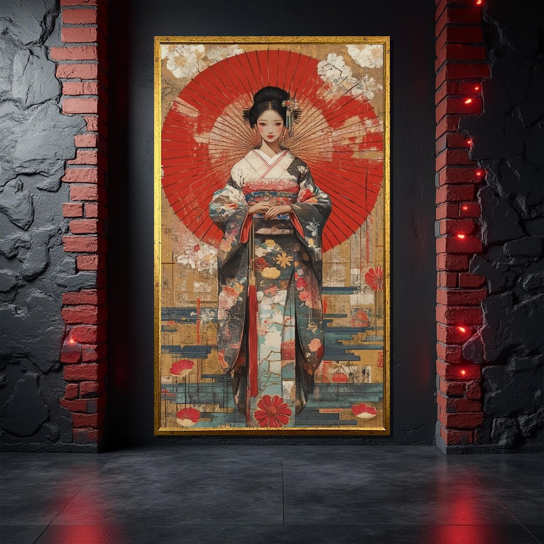 Japanese Geisha Canvas Painting With Red Umbrella, Elegant Kimono Wall ...