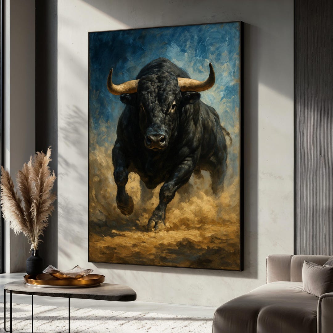 Charging Bull Canvas Painting, Powerful Animal Wall Art, Majestic Bull ...