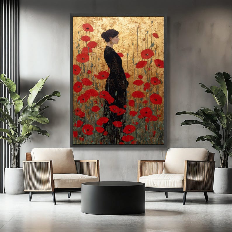 Gustav Klimt Woman in Red Poppies, Gold Background Canvas Wall Art ...