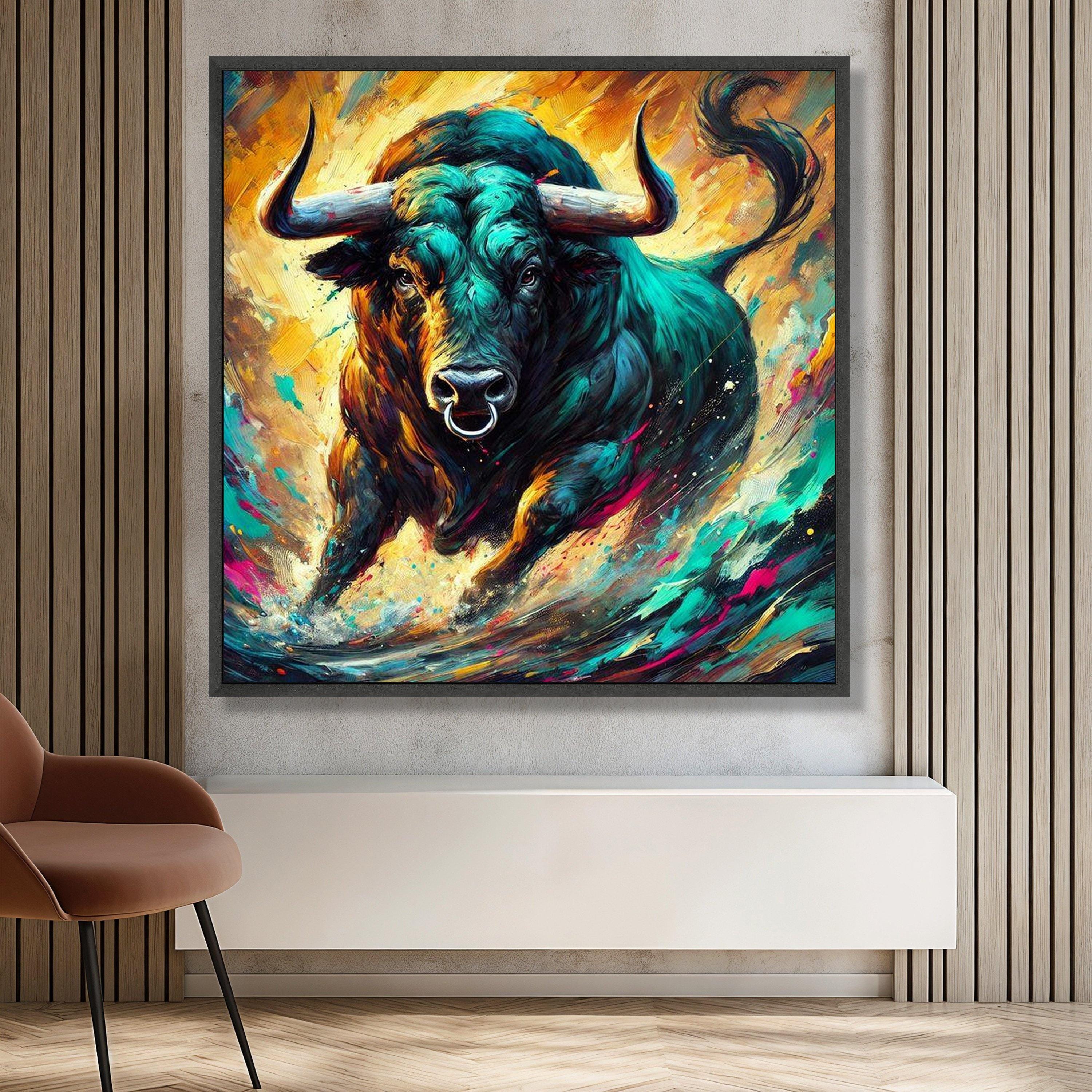 Bull Canvas Painting, Colorful Wild Animal Wall Art, Powerful Taurus ...
