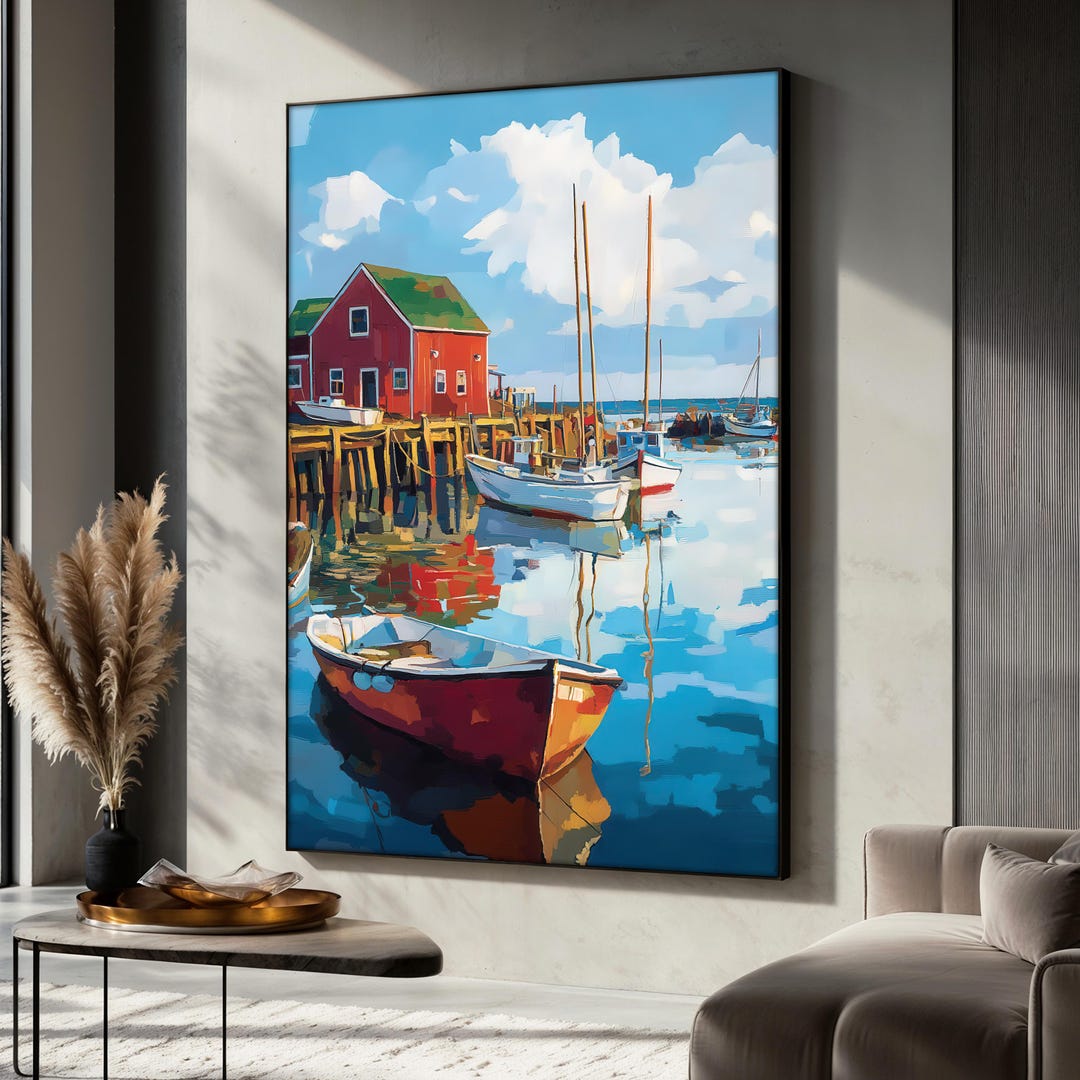 Boats and Harbor Scene Wall Decor, Coastal Canvas Painting, Seaside Art ...