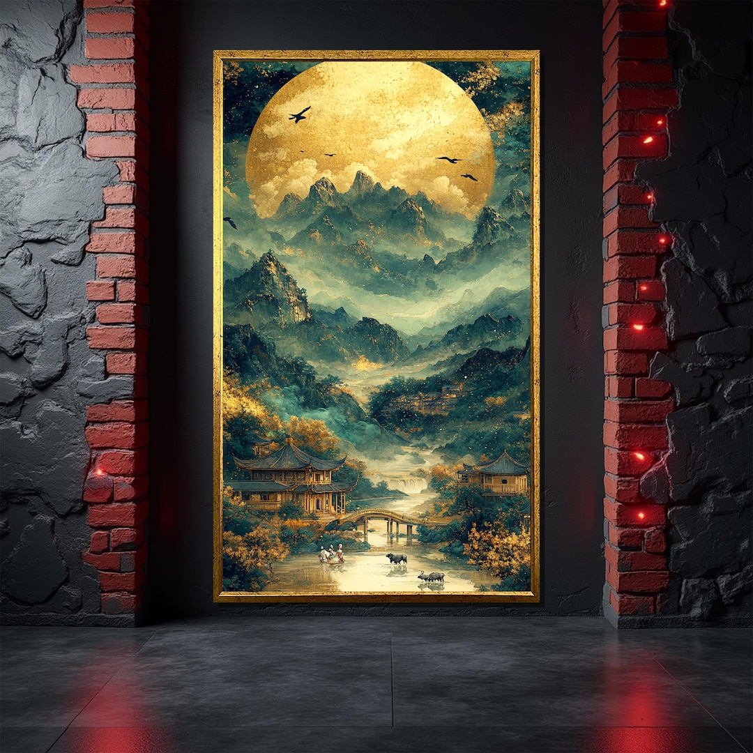 Japanese Full Moon Canvas Painting, Traditional Asian Landscape Wall ...