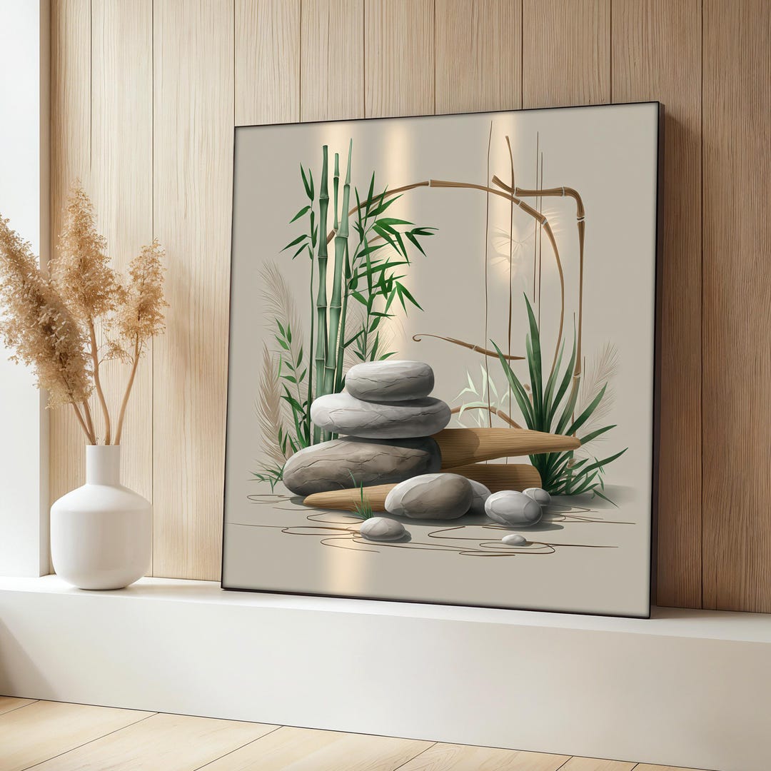 Zen Bamboo Canvas Painting, Japanese Spa Wall Art, Minimalist Stone ...