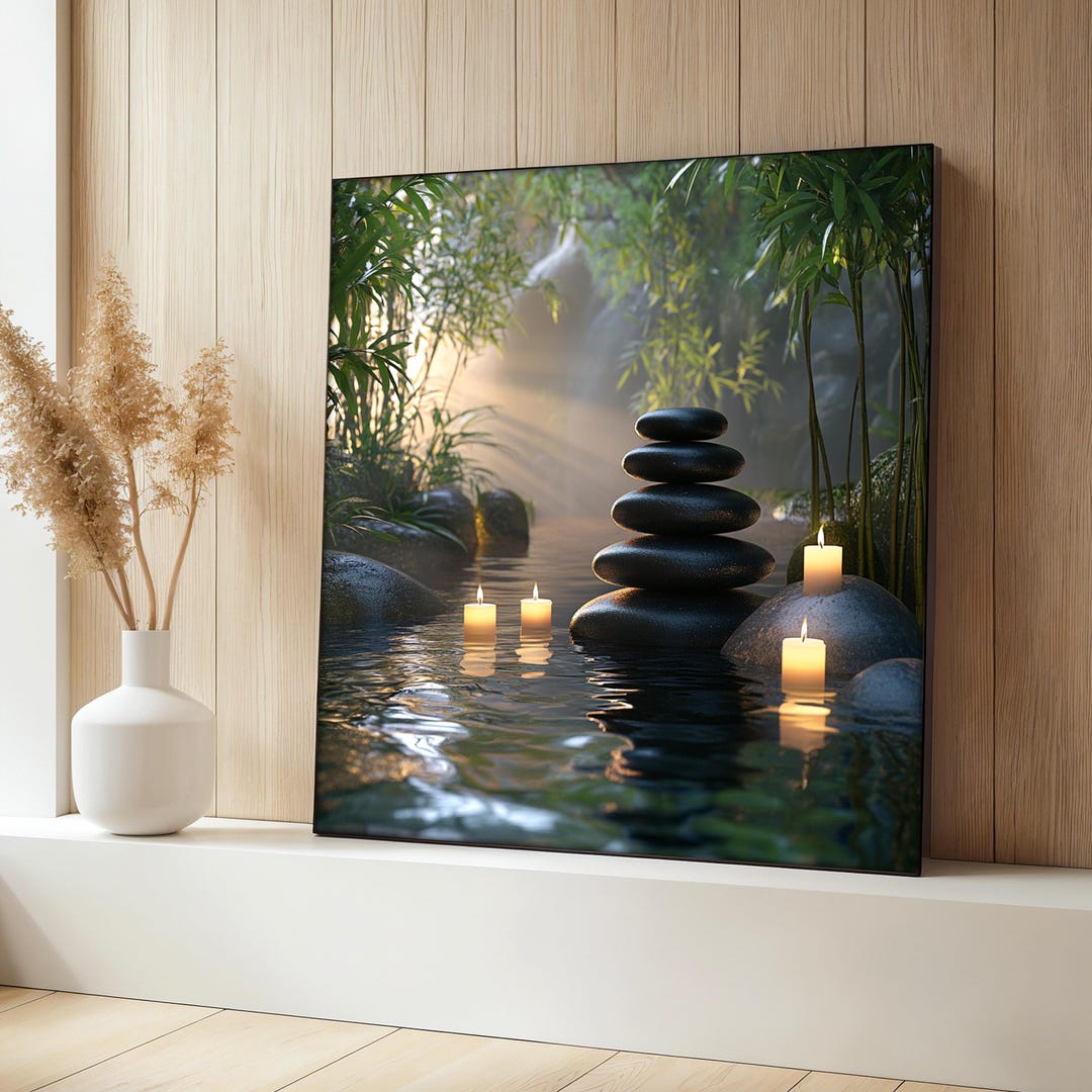 Zen Candlelight Canvas Painting, Tranquil Bamboo and Stones Wall Art ...