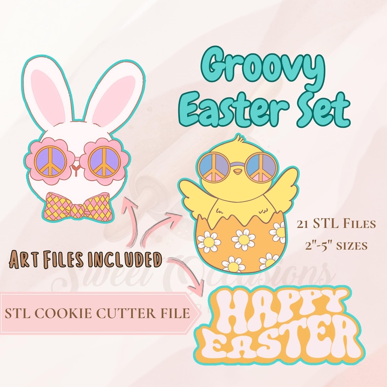 Groovy Easter Cookie Cutter Set: Bunny, Chick, Text STL File (digital ...