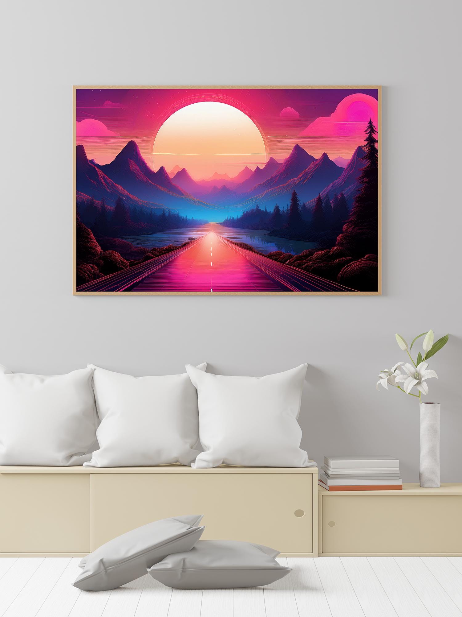 80s Retro Synthwave Neon Mountain Landscape - Digital Art (60x40cm) - Etsy