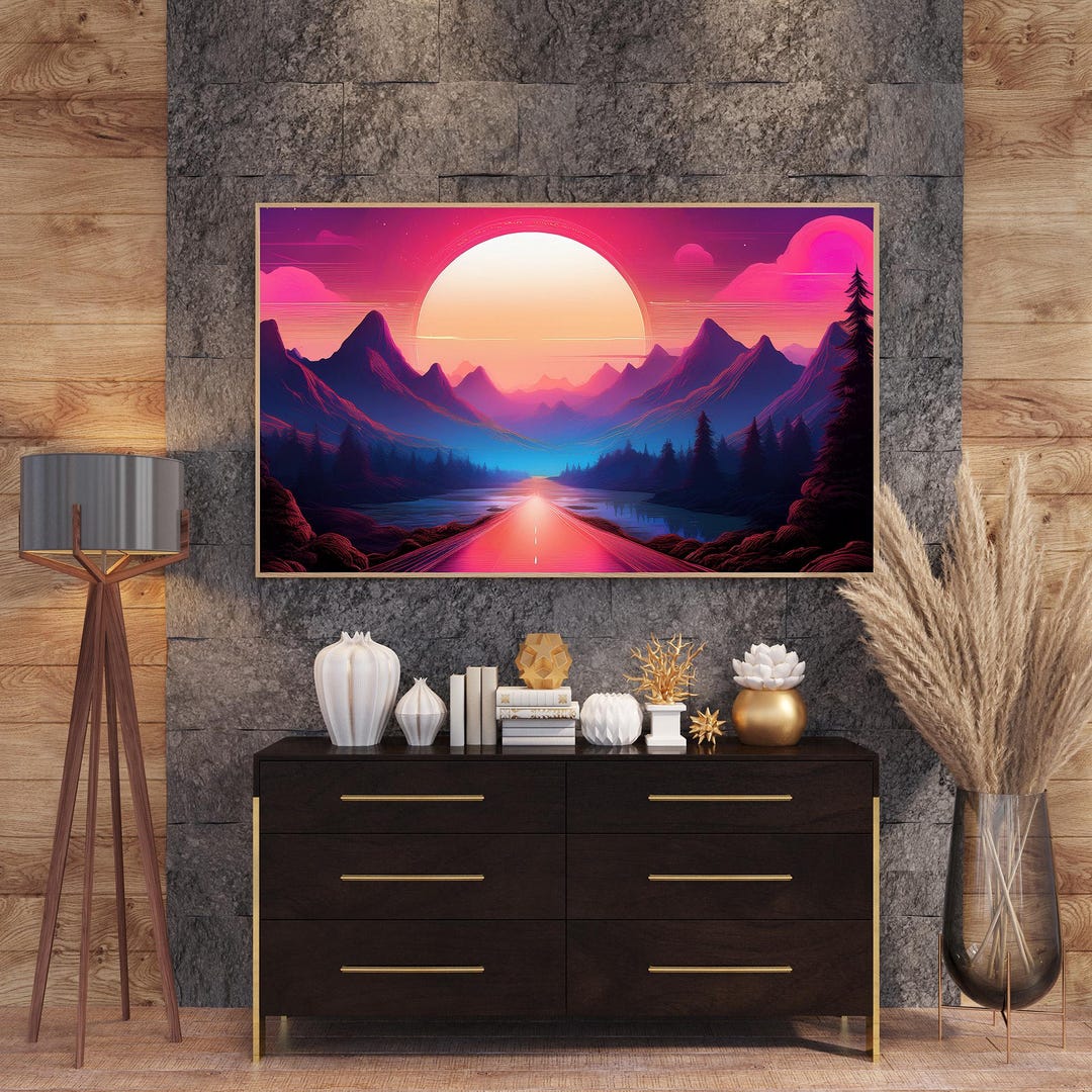 80s Retro Synthwave Neon Mountain Landscape - Digital Art (60x40cm) - Etsy
