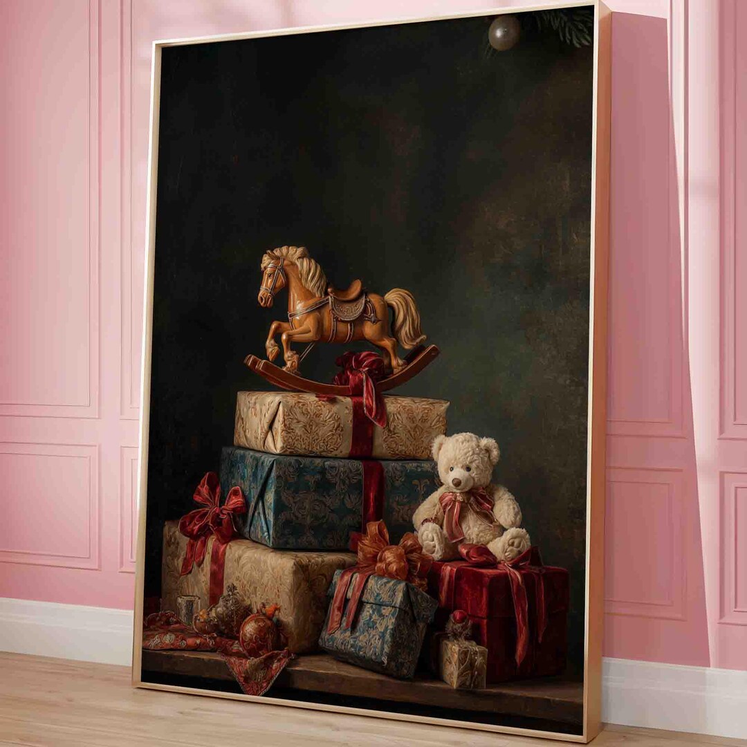 Luxury Christmas Gifts Poster | Rocking Horse and Teddy Bear Art ...