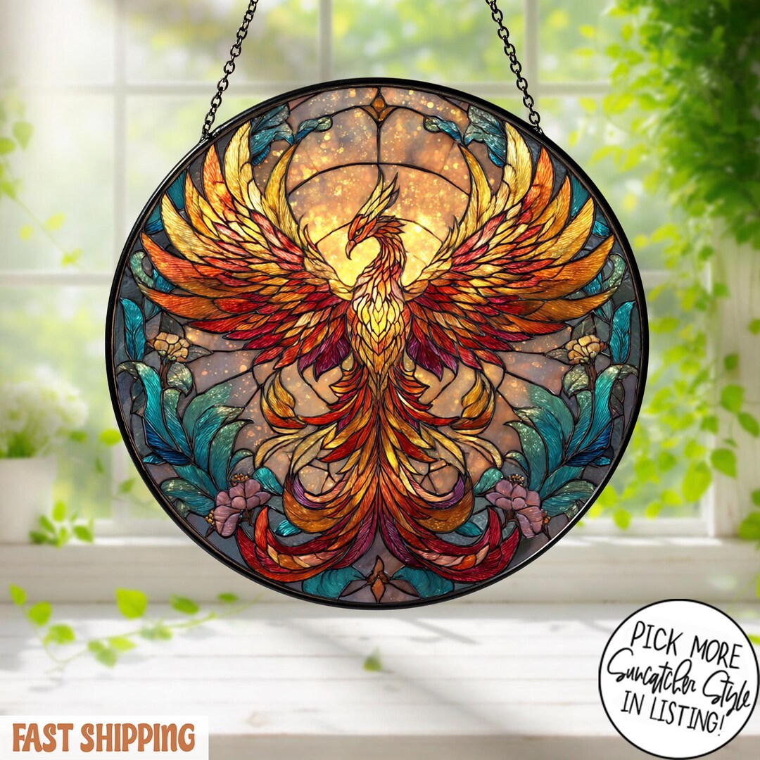 Phoenix Stained Glass Suncatcher, Firebird Window Hanging Art ...