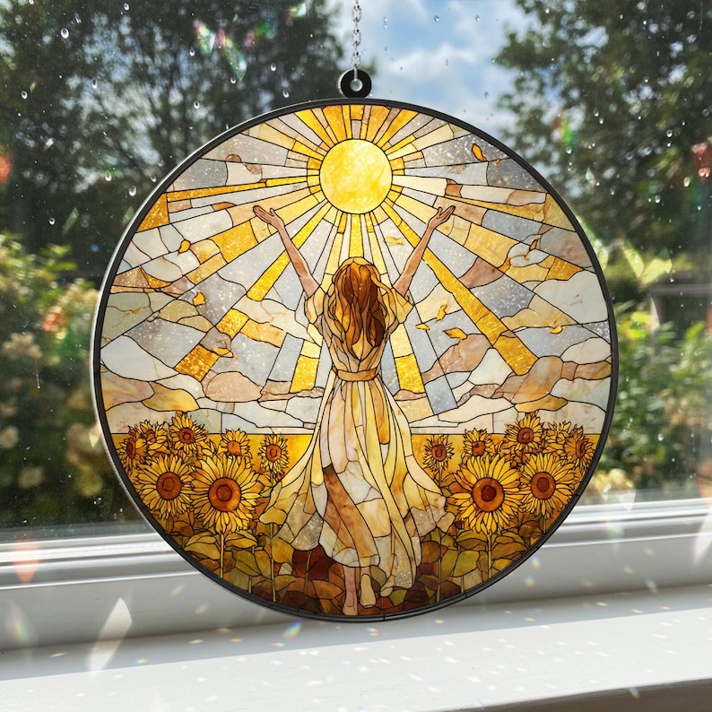 Sunflower Girl Stained Glass Suncatcher, Inspirational Window Art - Etsy