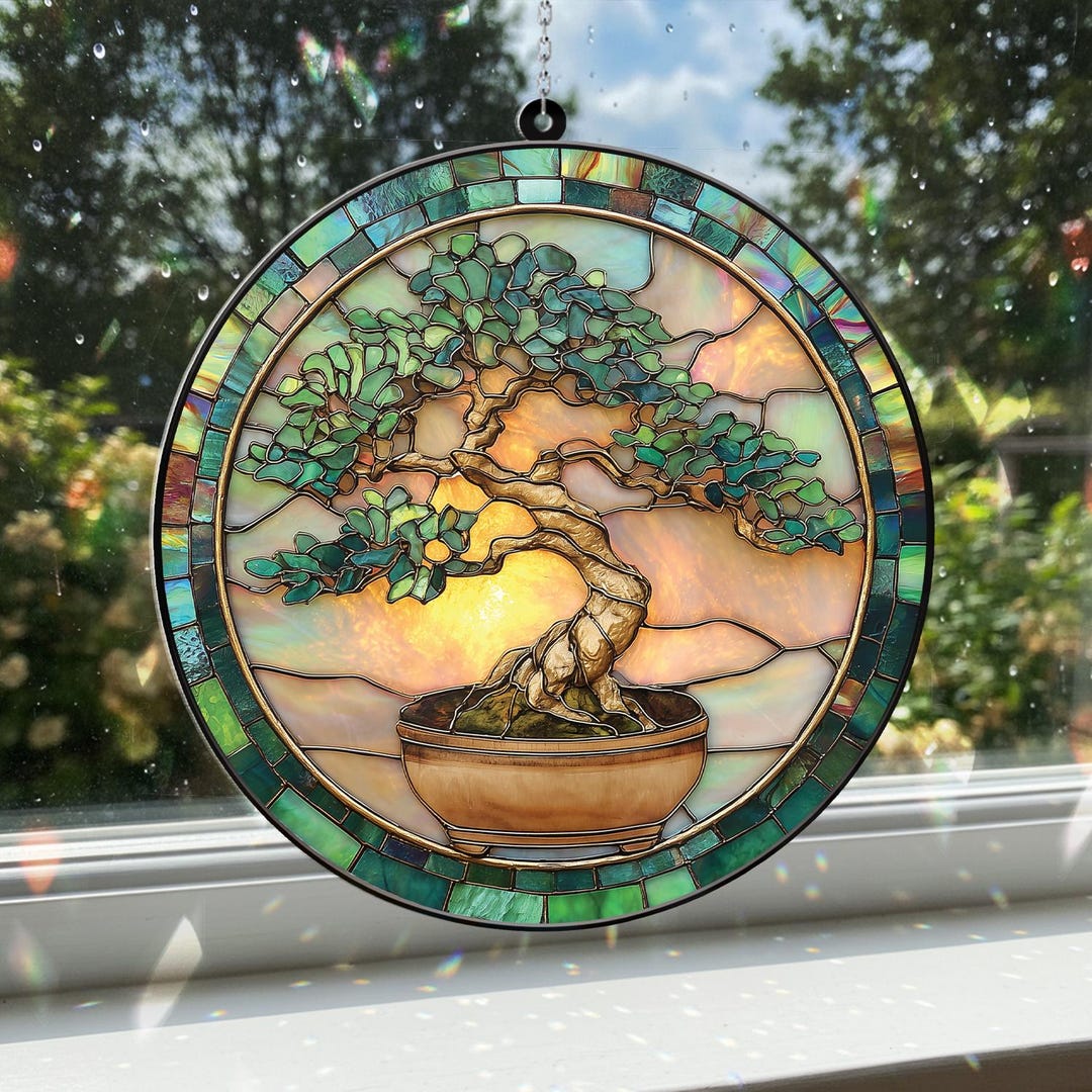 Bonsai Tree Stained Glass Suncatcher, Japanese Zen Garden Window Art ...