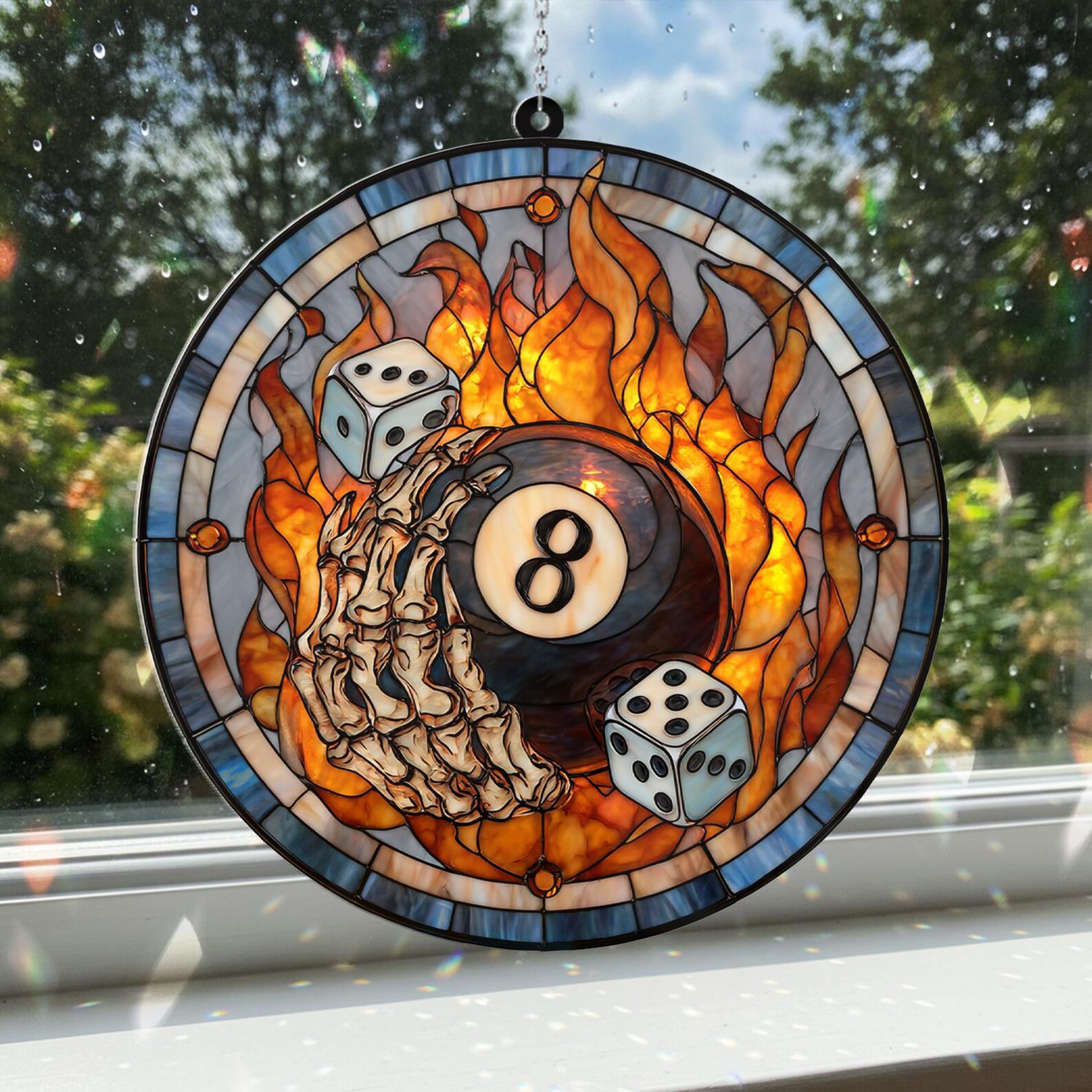 Skeleton Hand Magic 8 Ball Stained Glass Suncatcher, Flaming Dice ...