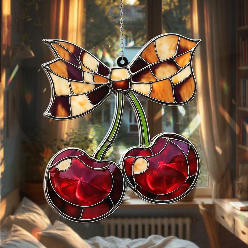 Coquette Cherry Acrylic Suncatcher, Red Cherries With Plaid Bow Window ...