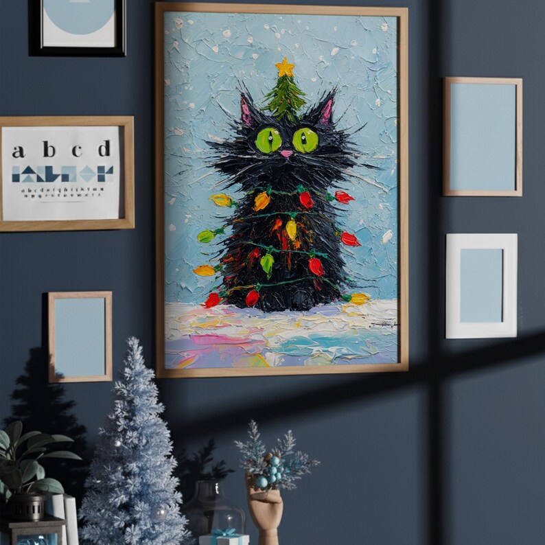 Funny Black Cat Christmas Tree Oil Painting Art Print - Etsy