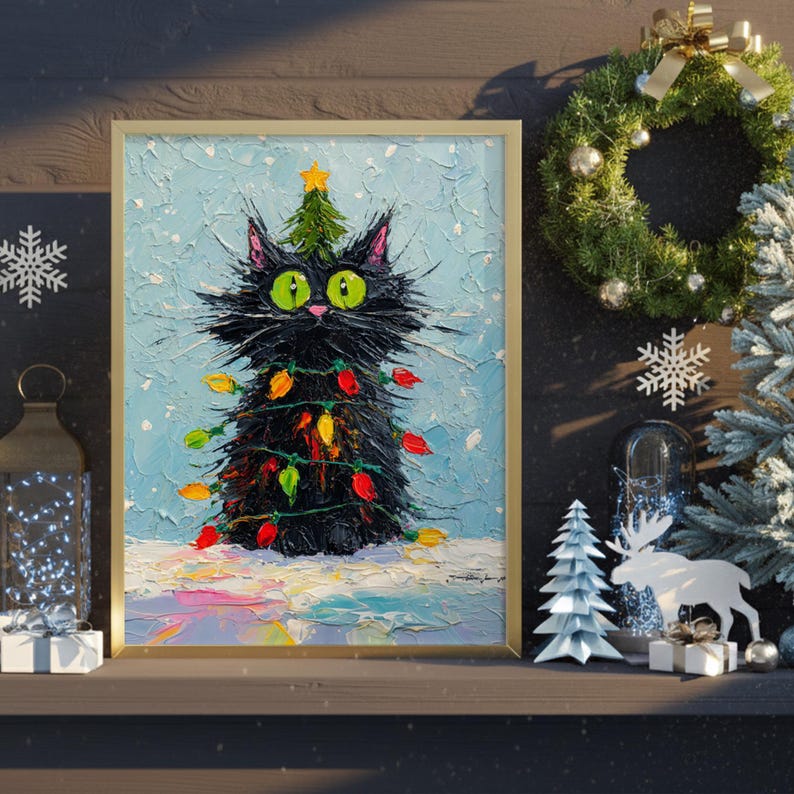 Funny Black Cat Christmas Tree Oil Painting Art Print - Etsy