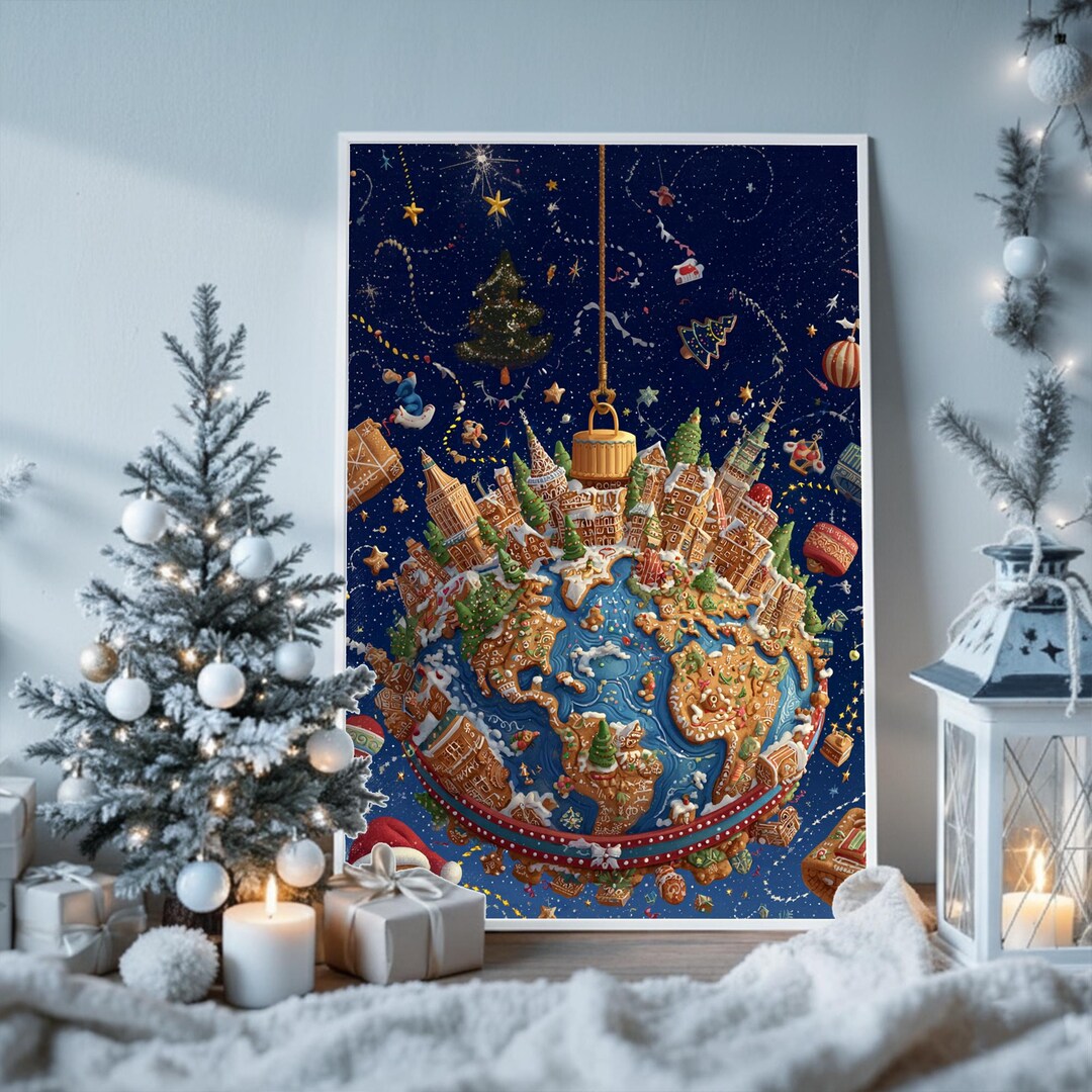 Gingerbread Earth Art Print | Whimsical Christmas Globe Poster - Etsy