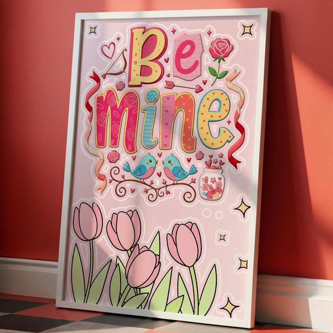 Be Mine Cute Valentine's Day Art Print | Pink Tulip & Love Birds Poster ...