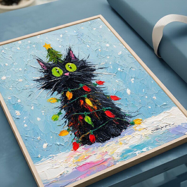 Funny Black Cat Christmas Tree Oil Painting Art Print - Etsy