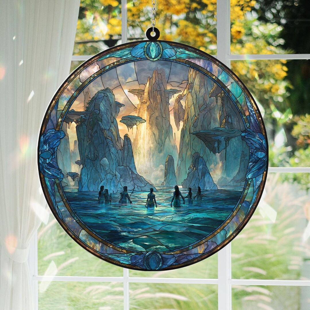 Floating Mountains Stained Glass Suncatcher, Teal Ocean World Window ...