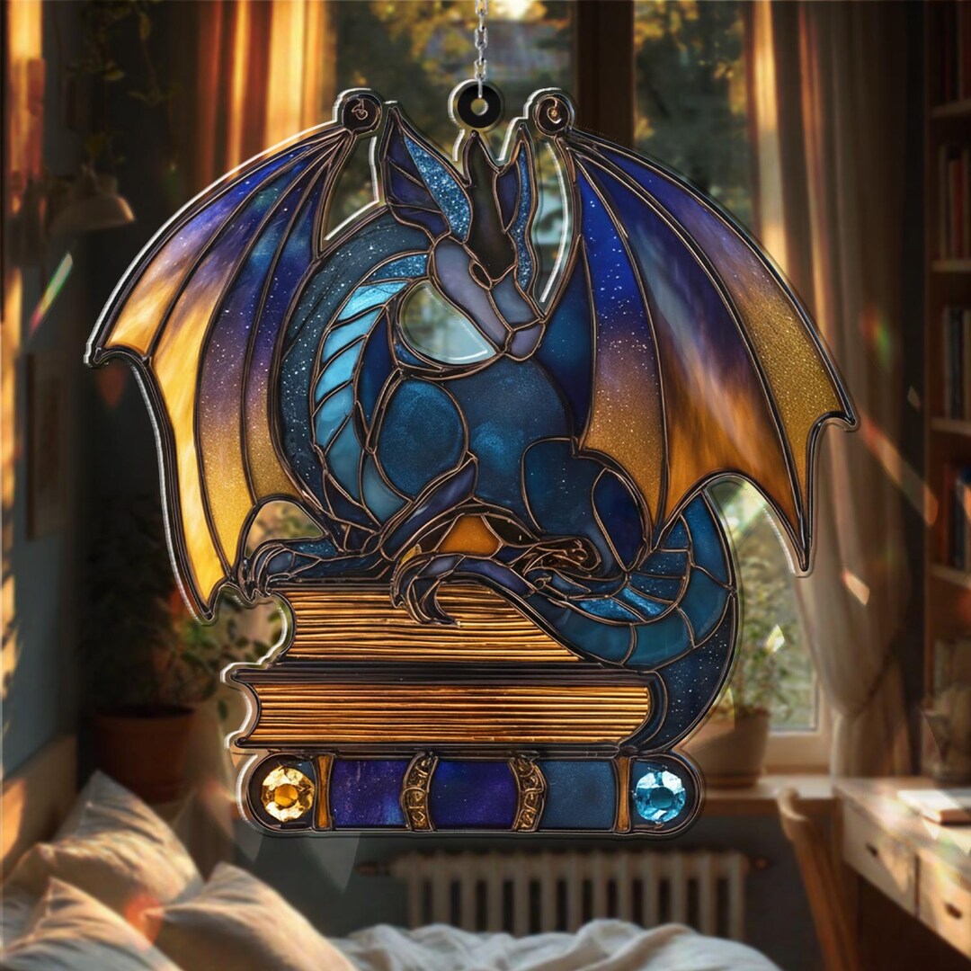 Blue Dragon Book Lover Acrylic Suncatcher, Reading Dragon Stained Glass ...