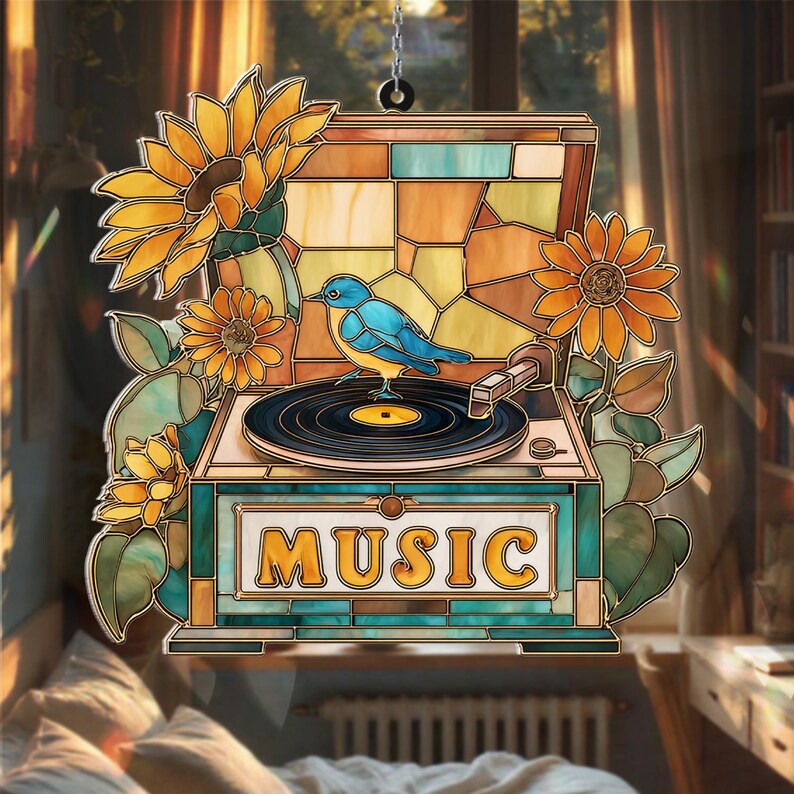 Sunflower Bluebird Record Player Suncatcher, Acrylic Window Art - Etsy