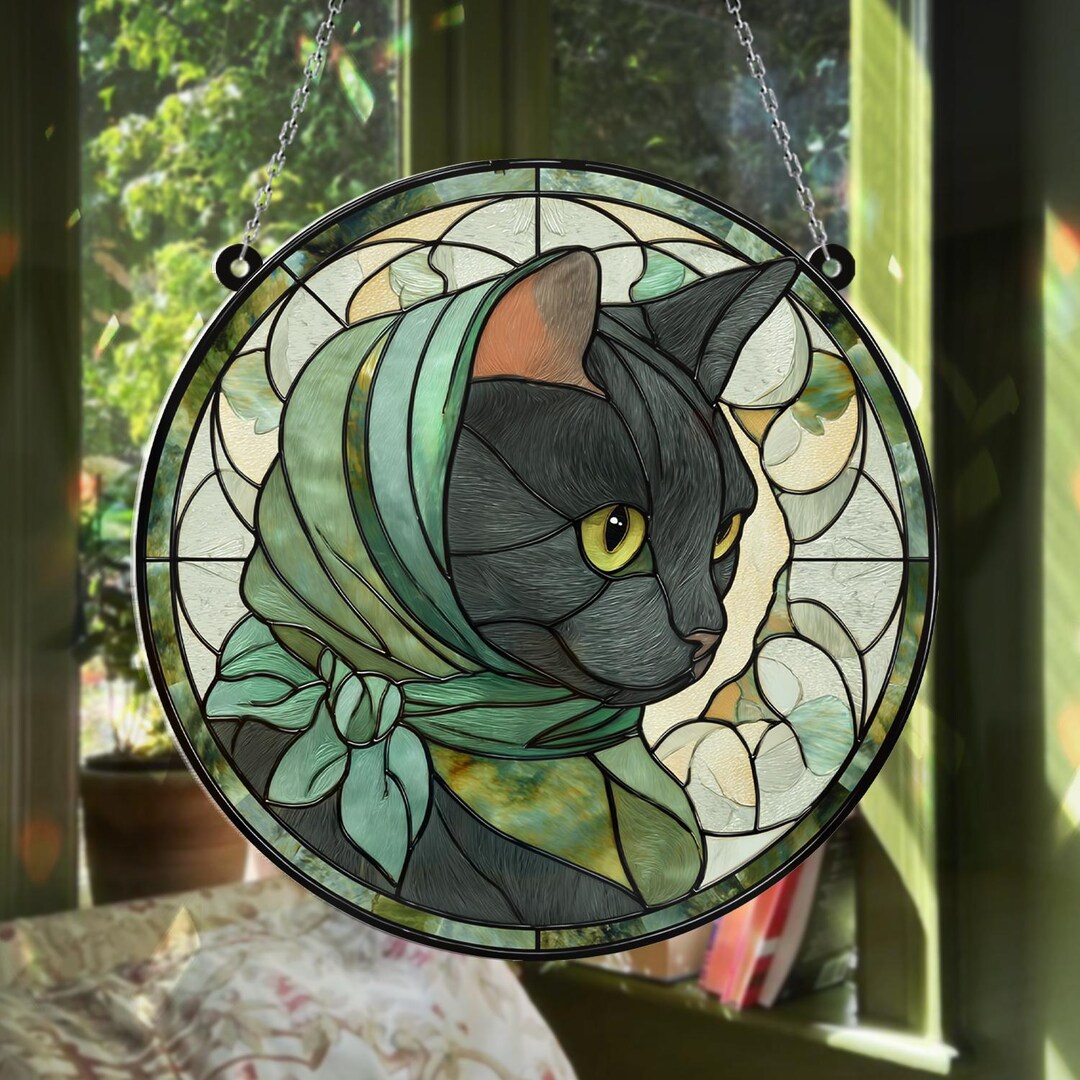 Black Cat Suncatcher, Babushka Headscarf, Feline Window Art - Etsy
