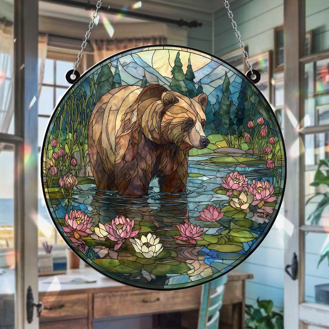 Grizzly Bear Stained Glass Suncatcher, Forest River Window Art, Pink ...
