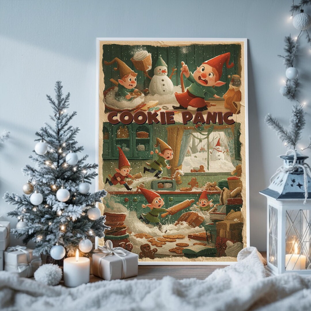 Christmas Elf Panic Poster | Vintage Holiday Humor Art | Kitchen Chaos ...