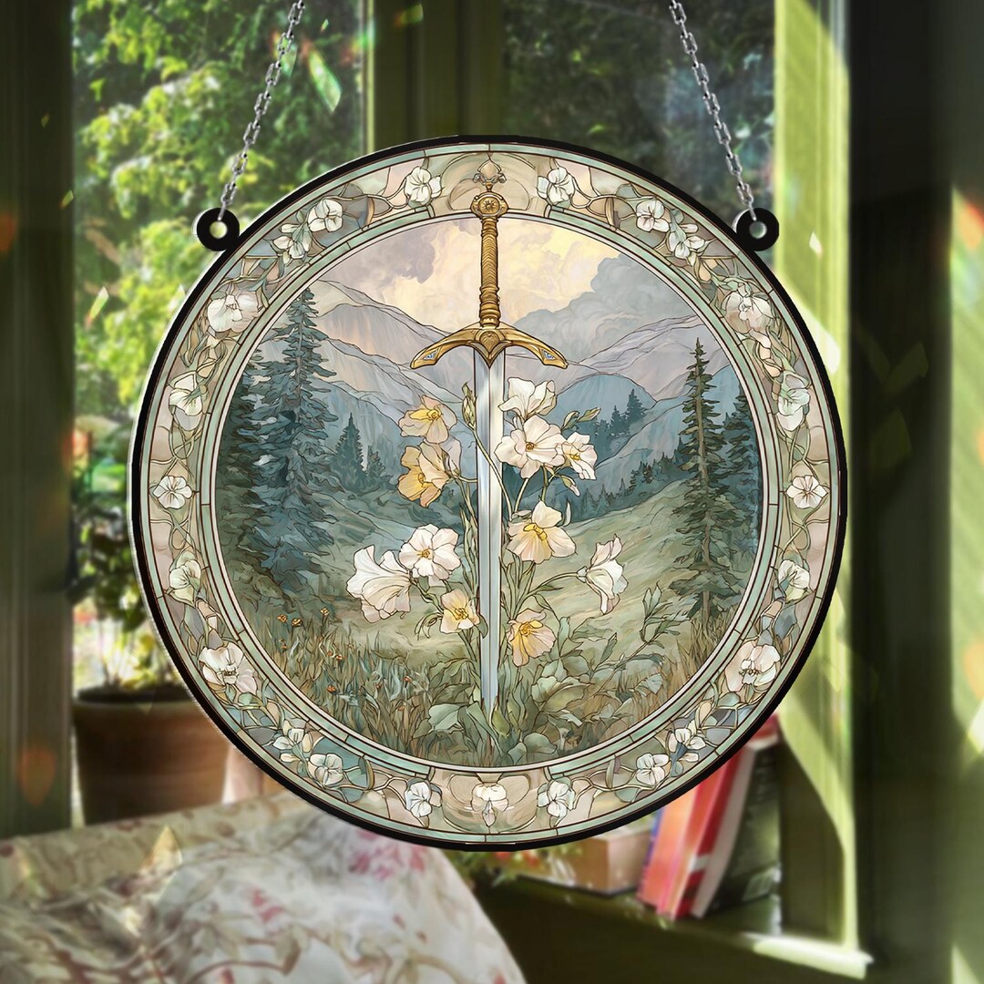 Golden Sword Stained Glass Suncatcher, White Floral Forest Window Art ...