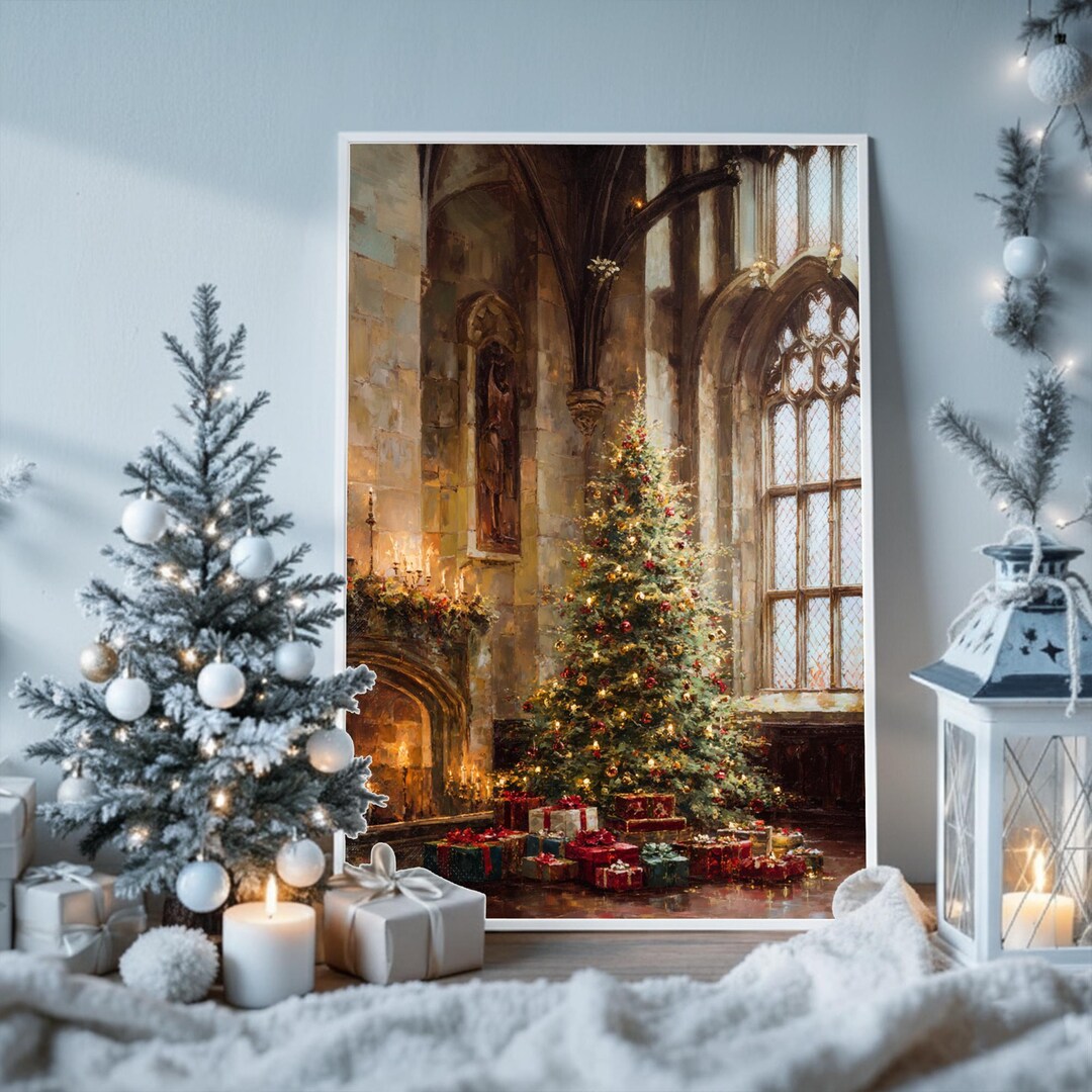 Christmas Tree Poster, Oil Painting Style Holiday Wall Art, Cozy ...