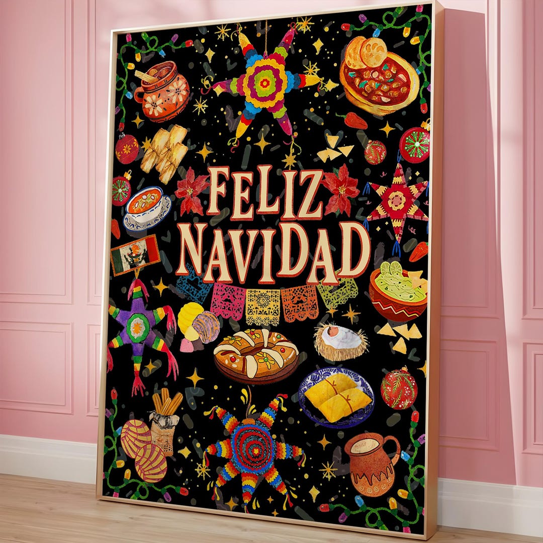 Feliz Navidad Mexican Christmas Poster | Piñata and Tamales Food Art ...
